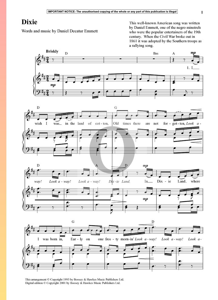 Dixie (Dan Emmett) Piano Sheet Music - OKTAV