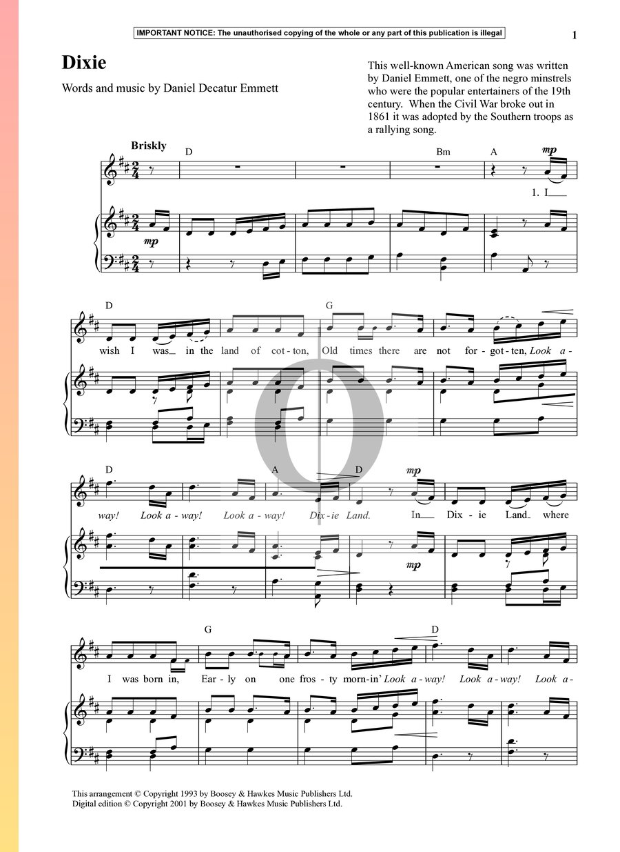 Dixie (Dan Emmett) Piano Sheet Music - OKTAV