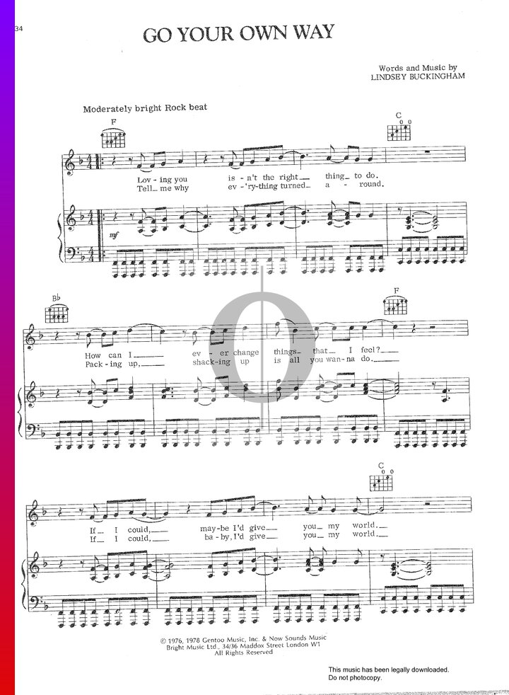 Go Your Own Way (Fleetwood Mac) Piano Sheet Music - OKTAV