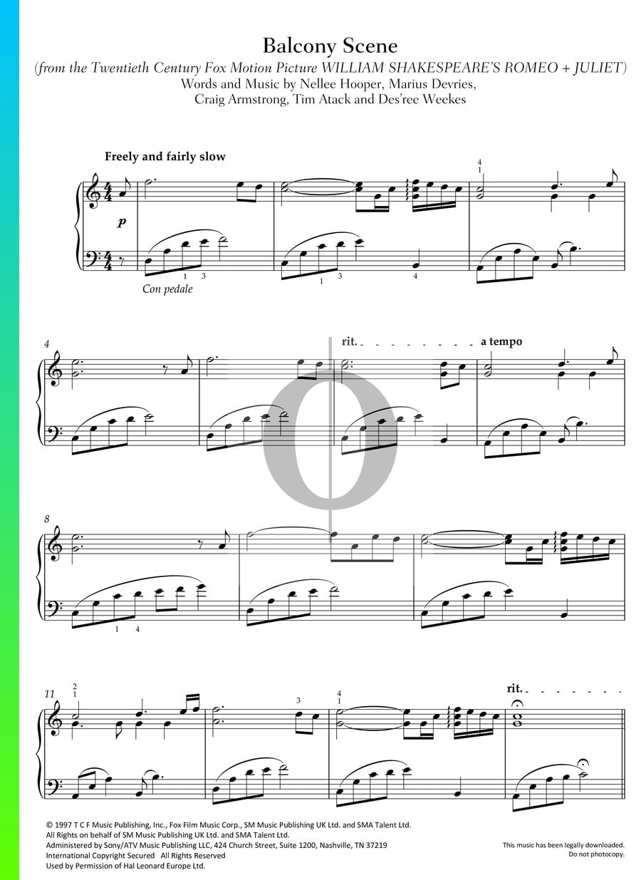 Balcony Scene Piano Sheet Music from Romeo + Juliet by Marius de Vries ...