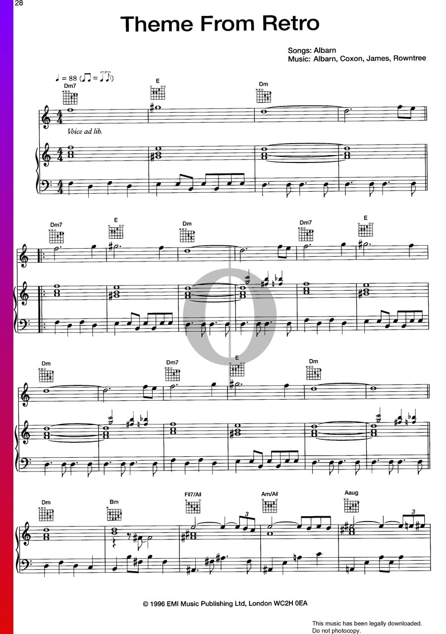 Theme From Retro (Blur) Piano Sheet Music - OKTAV