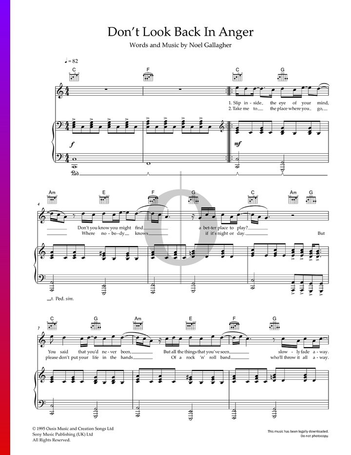 Don't Look Back In Anger (Oasis) Piano Sheet Music - OKTAV