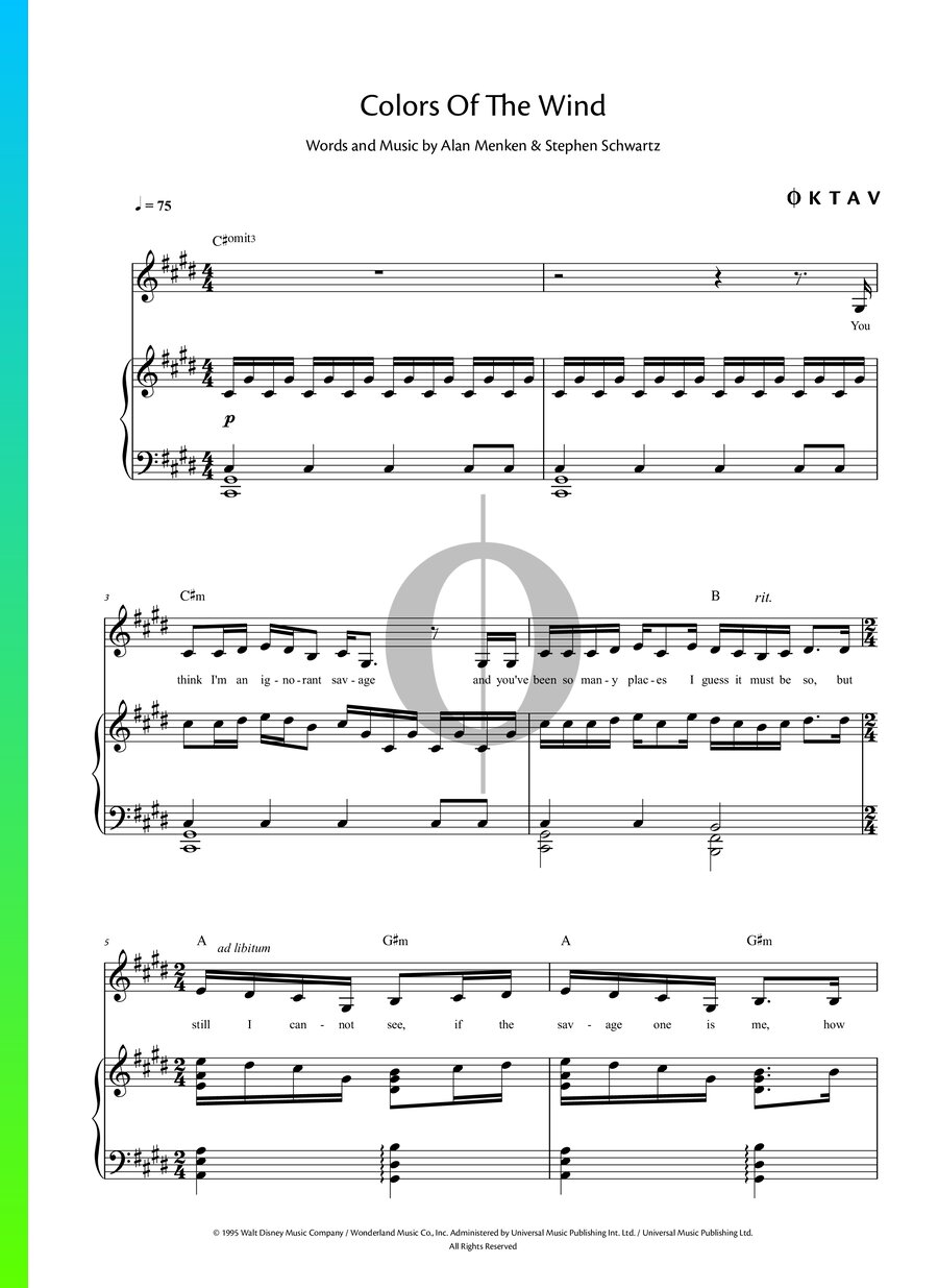 Colors Of The Wind Piano Sheet Music from by Alan Menken - OKTAV