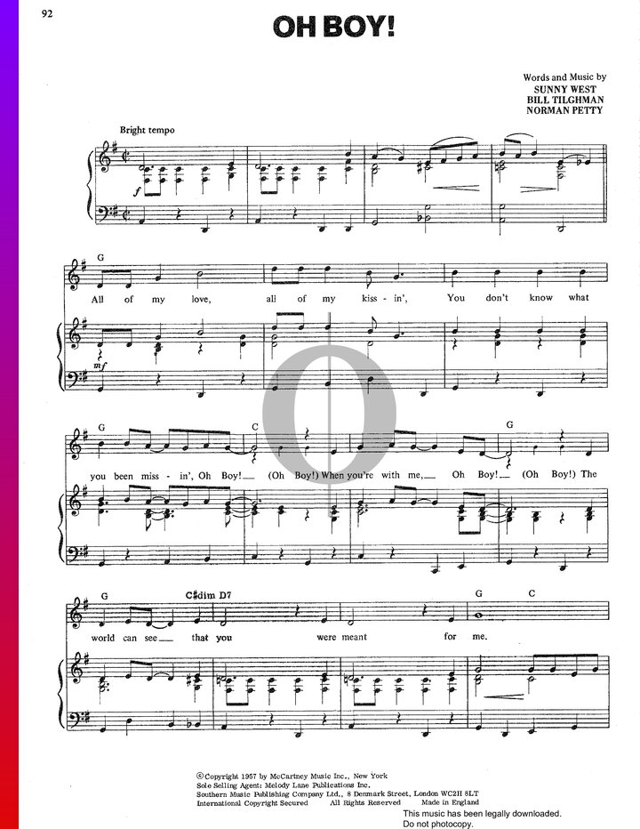 Oh Boy! (Buddy Holly) Piano Sheet Music - OKTAV
