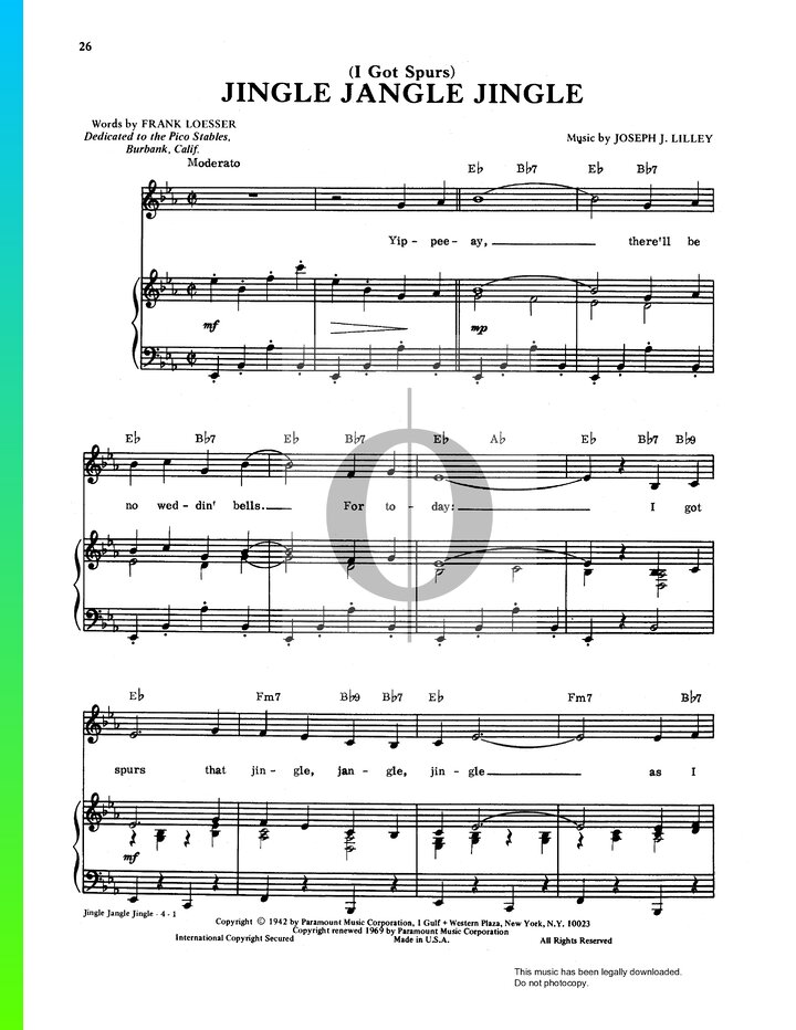 Jingle Jangle Jingle Piano Sheet Music from The Forest Ranger by Frank ...