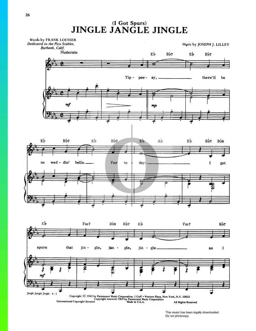 Jingle Jangle Jingle Piano Sheet Music from The Forest Ranger by Frank Loesser - OKTAV