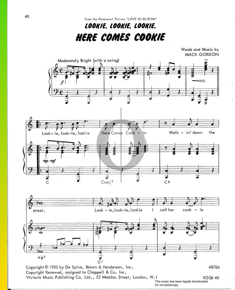 Lookie, Lookie, Lookie, Here Comes Cookie (Gracie Allen) Piano Sheet ...