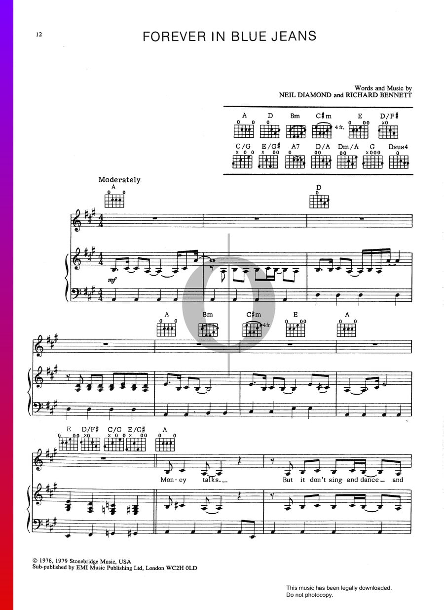 Forever In Blue Jeans (Neil Diamond) Piano Sheet Music - OKTAV
