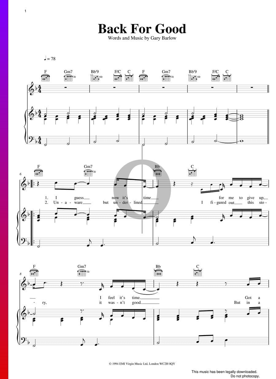 Back For Good (Take That) Piano Sheet Music - OKTAV