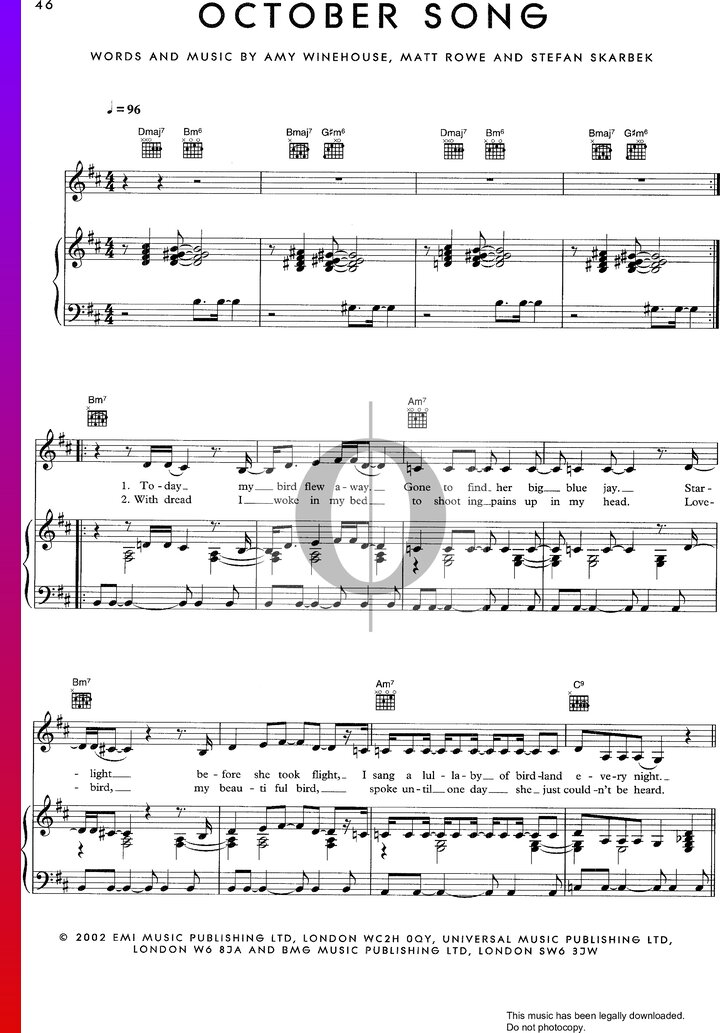 October Song (Amy Winehouse) Piano Sheet Music - OKTAV
