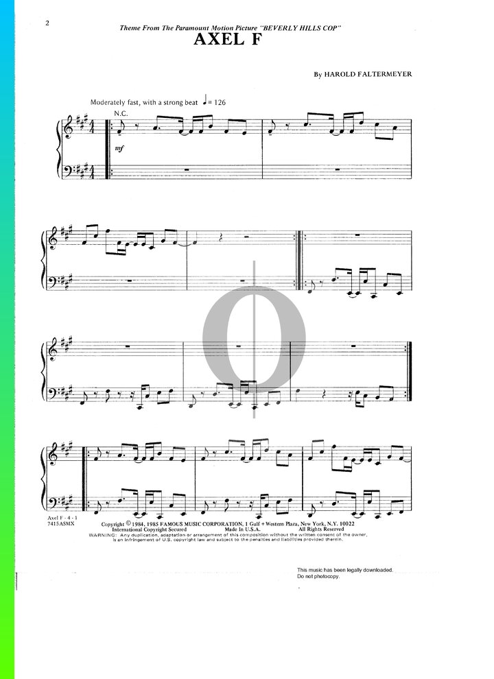 Axel F Piano Sheet Music from Beverly Hills Cop by Harold Faltermeyer ...