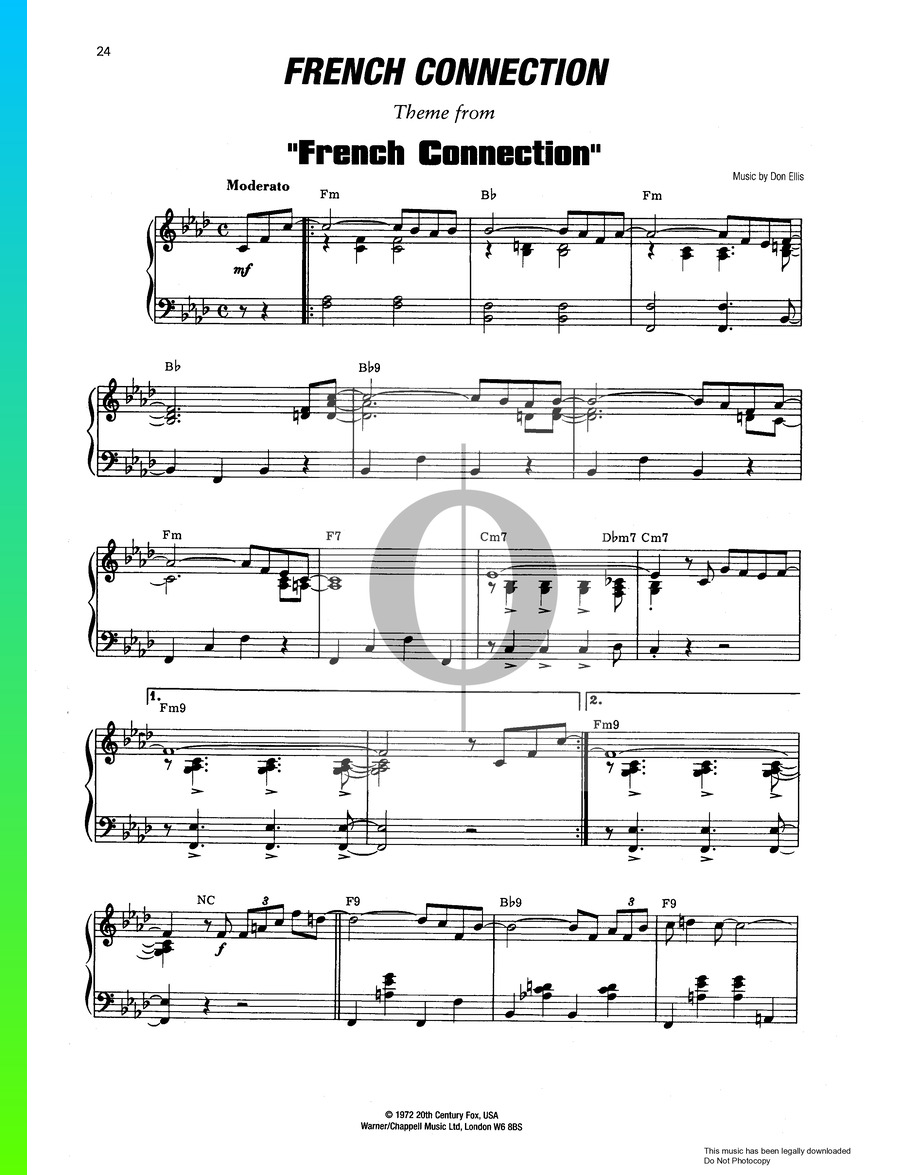 French Connection Theme Piano Sheet Music from The French Connection by ...