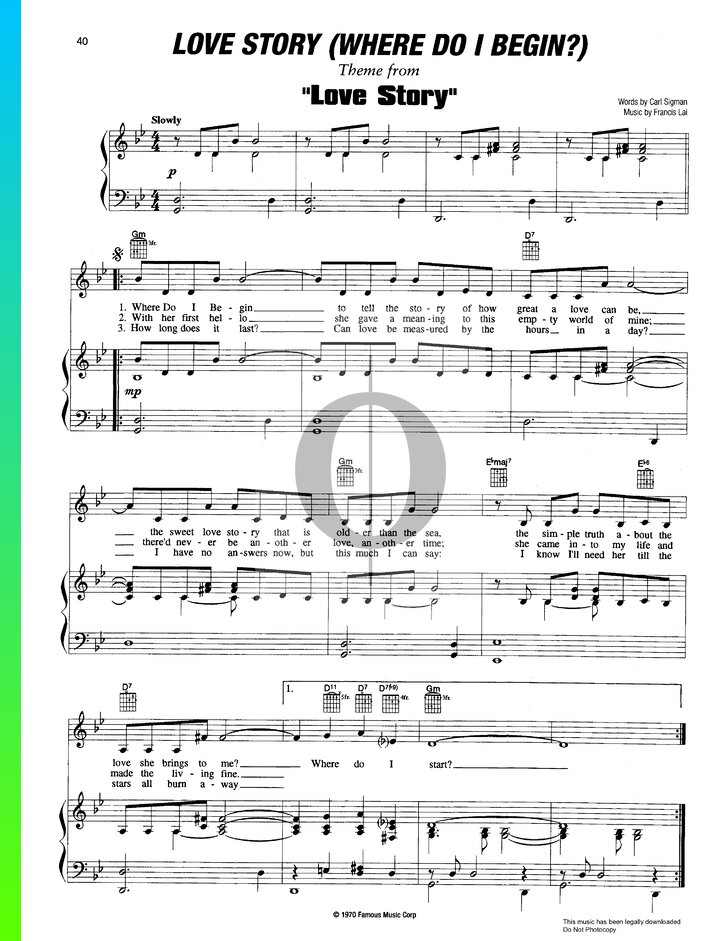 Love Story (Where Do I Begin?) Klaviernoten aus Love Story - Francis ...