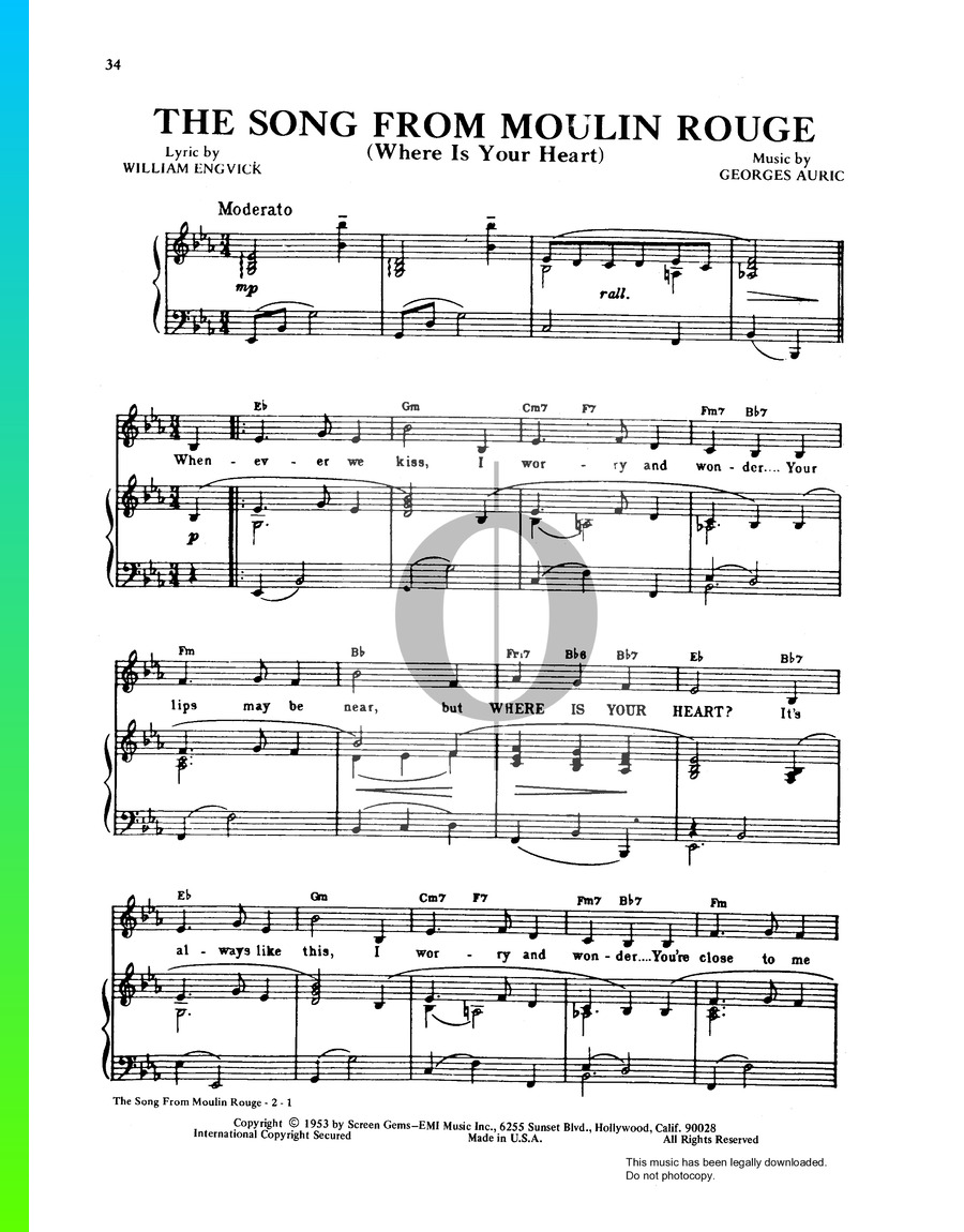 The Song From Moulin Rouge (Where Is Your Heart) Piano Sheet Music from ...