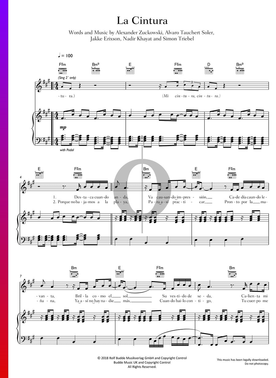 La Cintura » Álvaro Soler - Partituras de piano - OKTAV