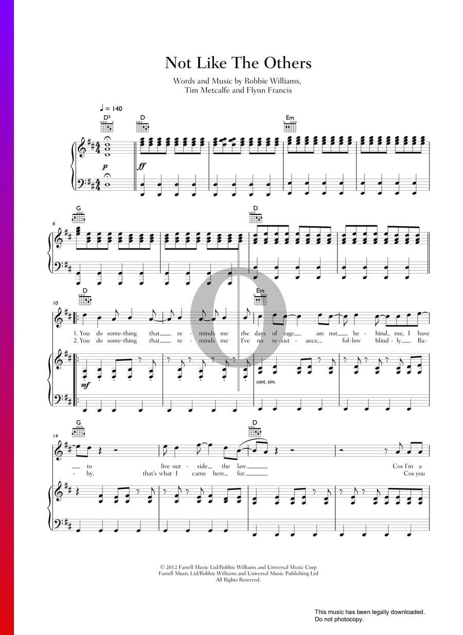 Not Like The Others (Robbie Williams) Piano Sheet Music - OKTAV