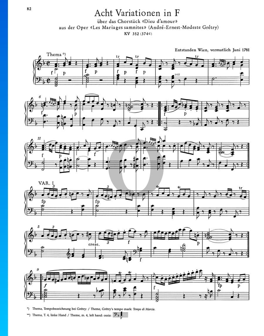 Eight Variations in F-Major, KV 352 (374c) (Wolfgang Amadeus Mozart ...