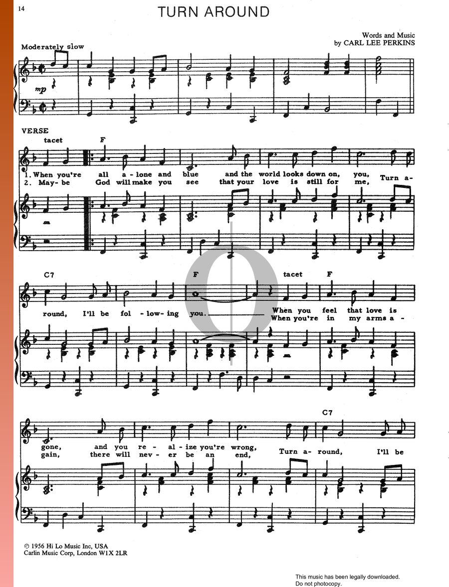 Turn Around (Carl Lee Perkins) Piano Sheet Music - OKTAV