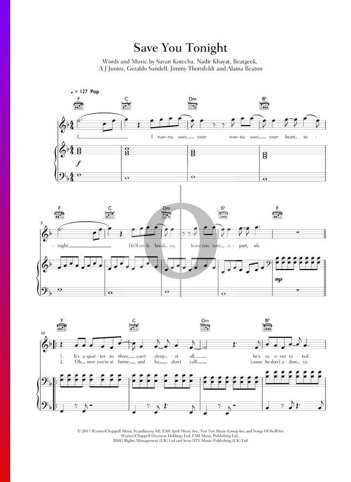 Save You Tonight (One Direction) Piano Sheet Music - OKTAV