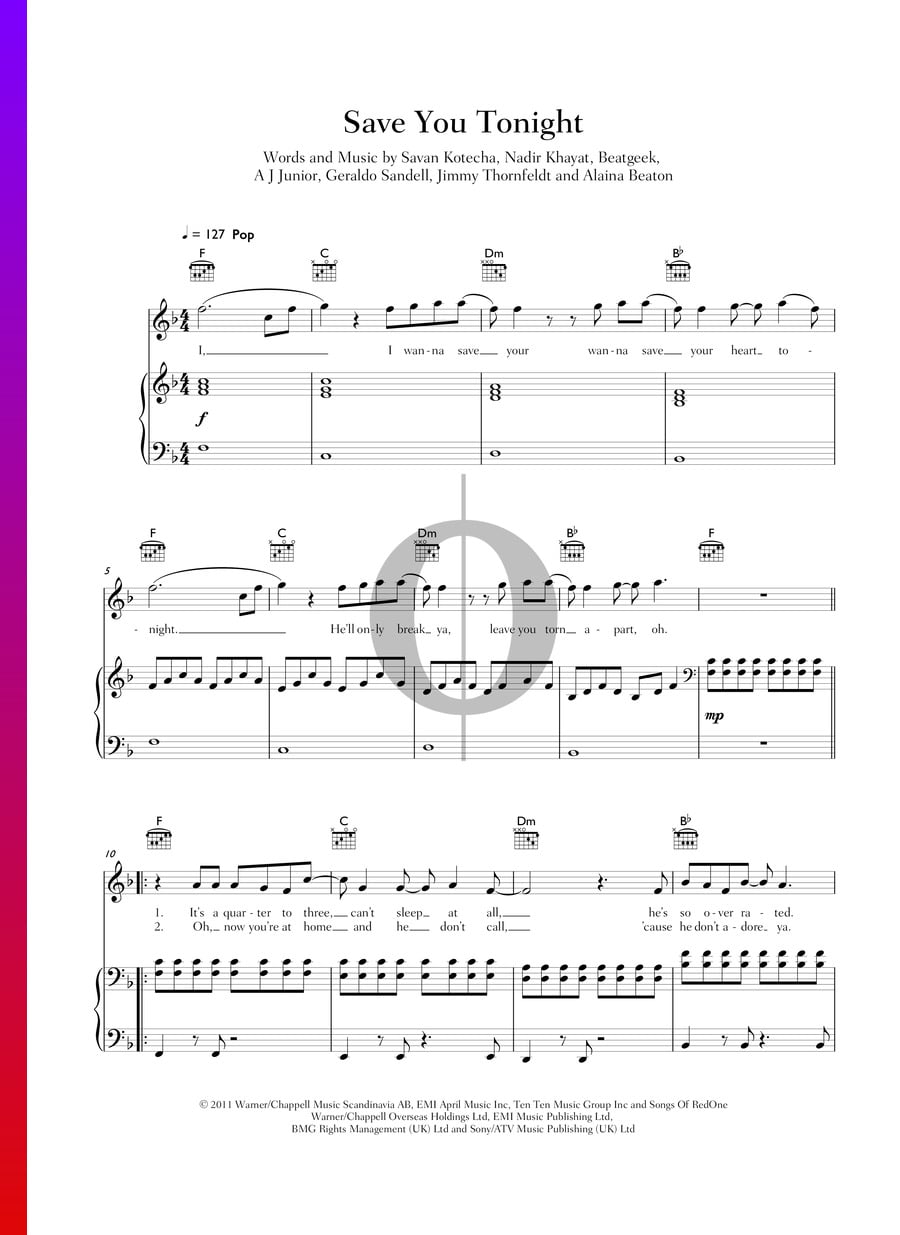 Save You Tonight (One Direction) Piano Sheet Music - OKTAV