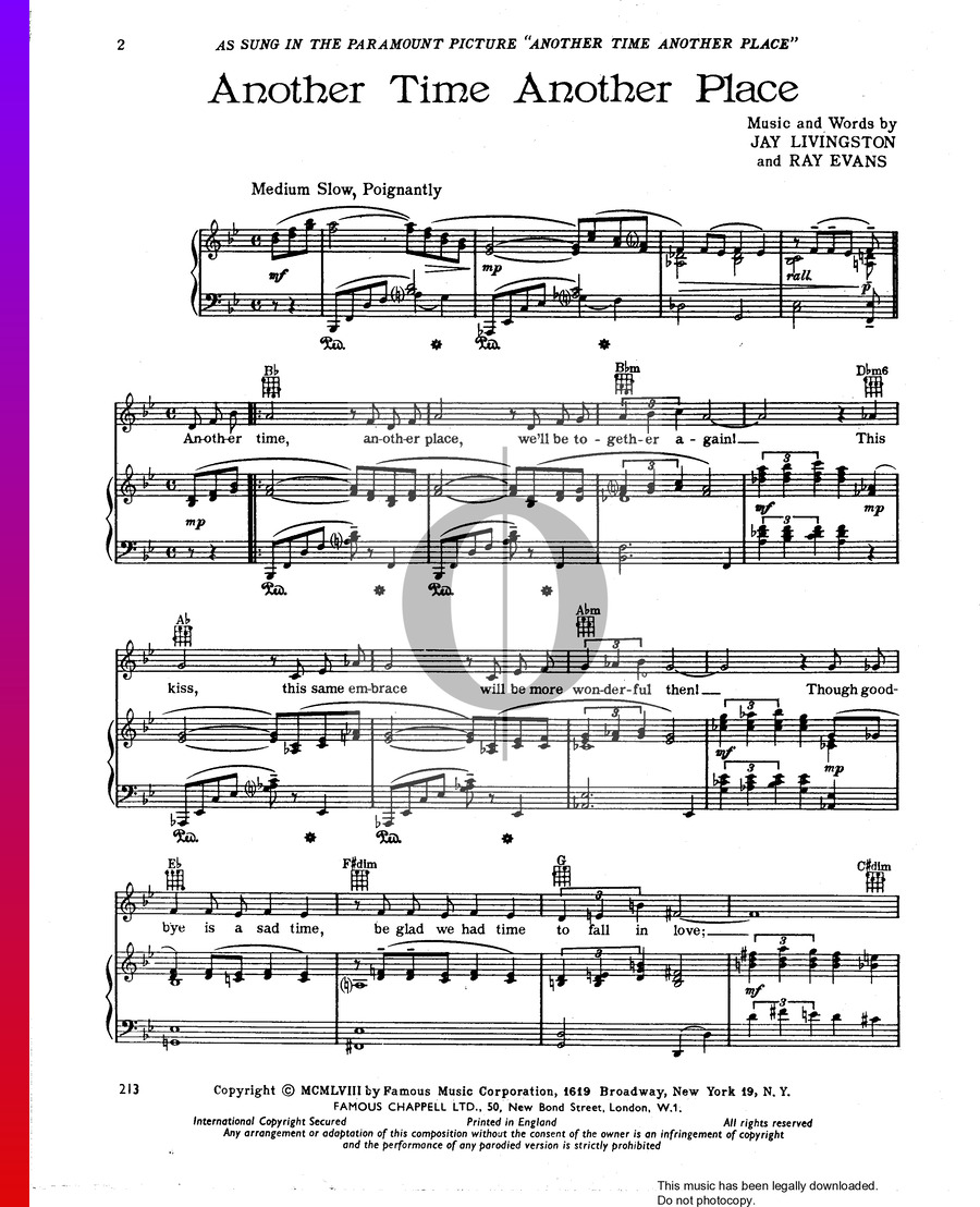 Another Time Another Place (Jay Livingston, Ray Evans) Piano Sheet ...