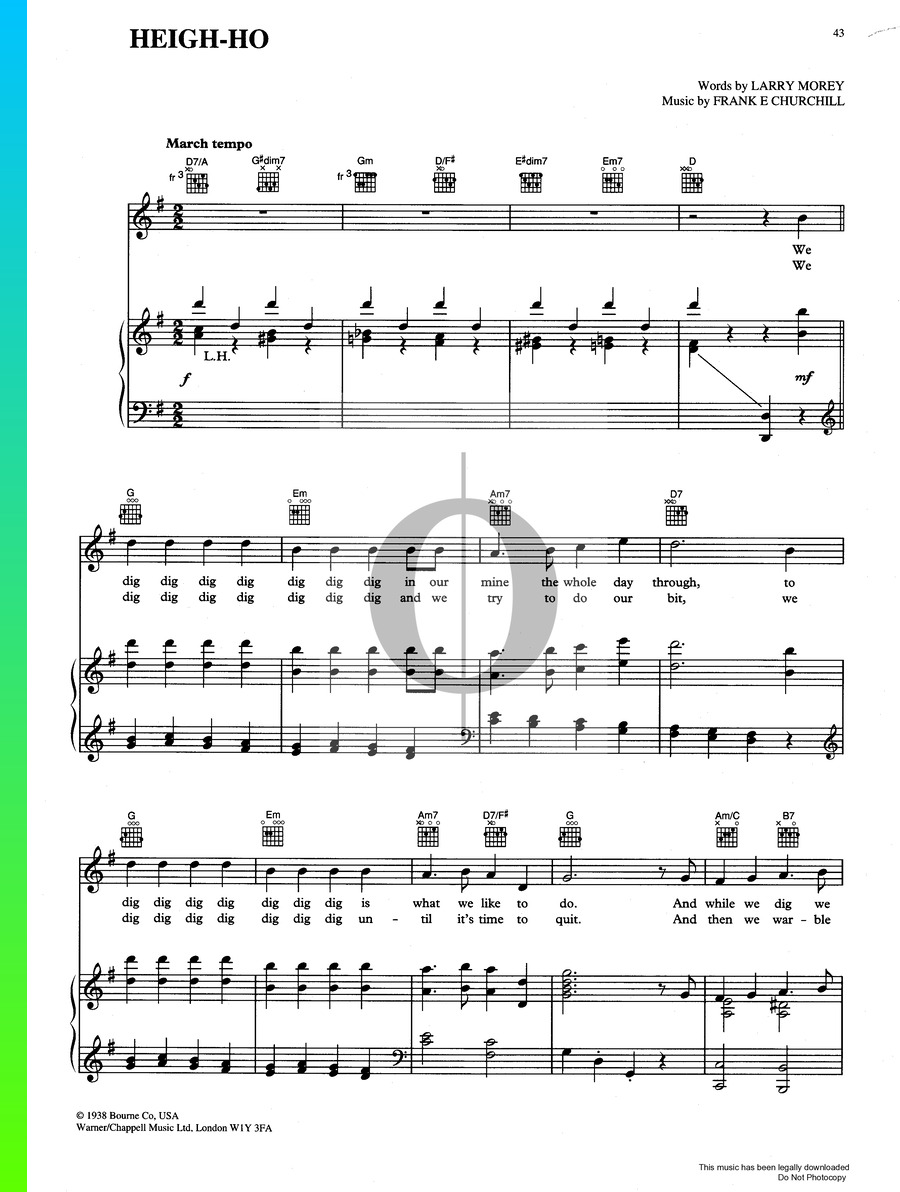 Heigh-Ho Piano Sheet Music from Snow White and the Seven Dwarfs by ...
