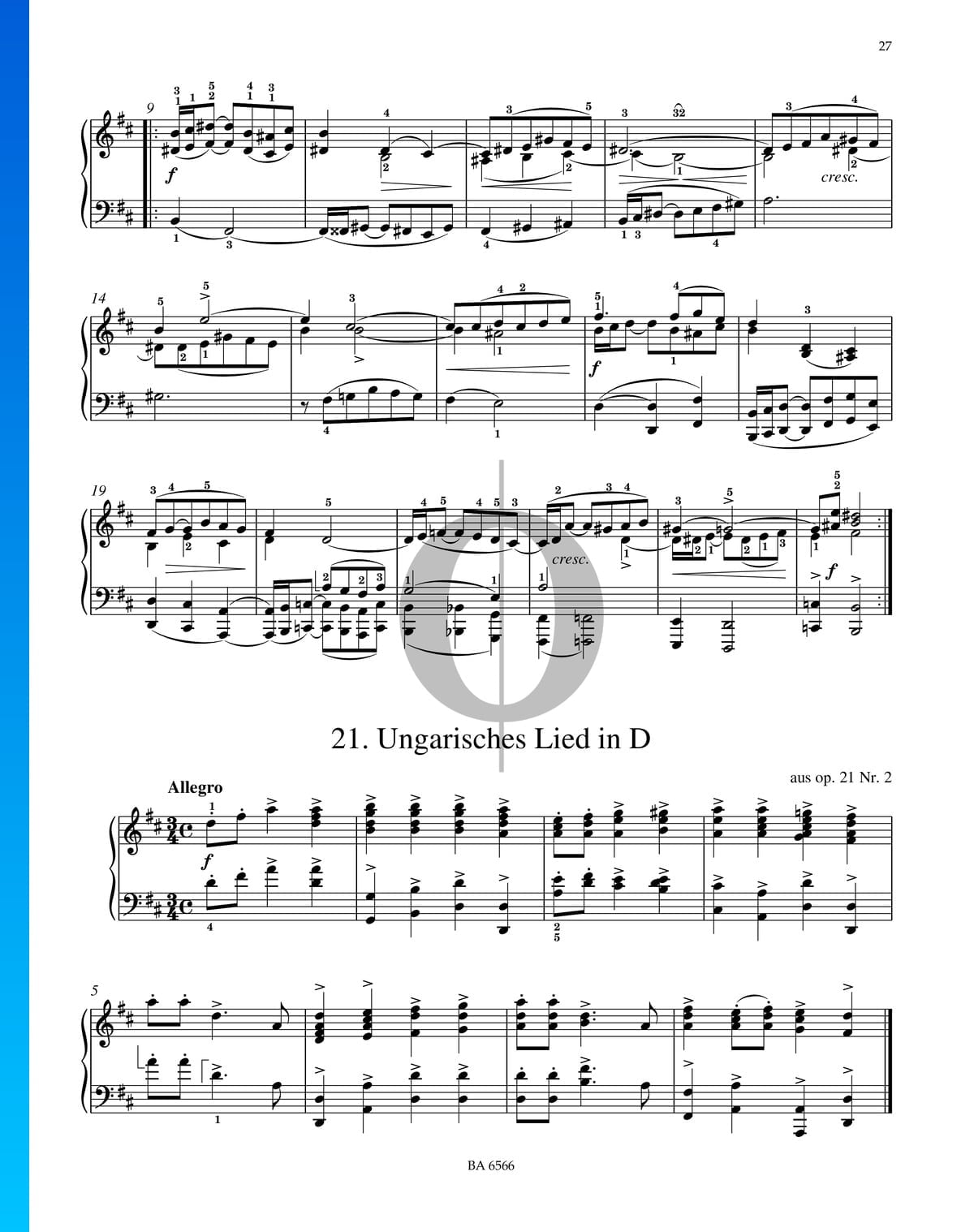 Hungarian Song D Major, from Op. 21 No. 2 (Johannes Brahms) Piano Sheet ...