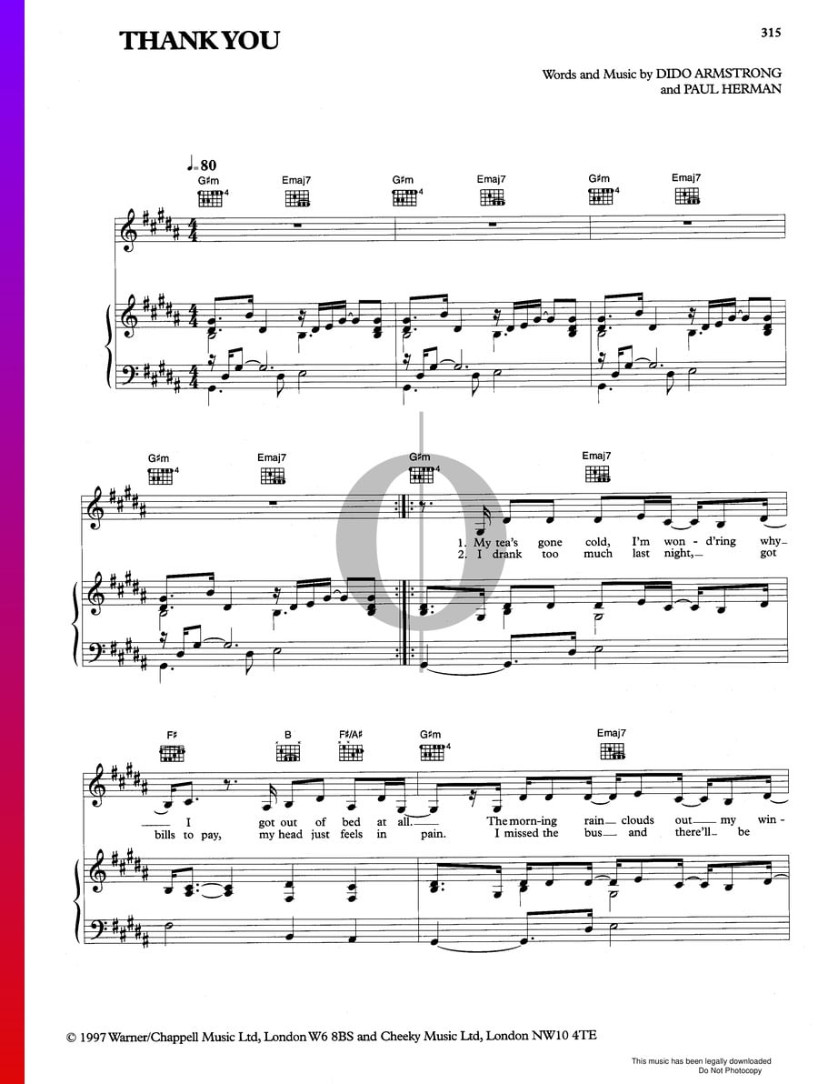 Thank You (Dido) Piano Sheet Music - OKTAV