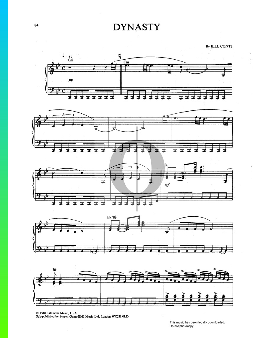 Dynasty Piano Sheet Music from Dynasty by Bill Conti - OKTAV