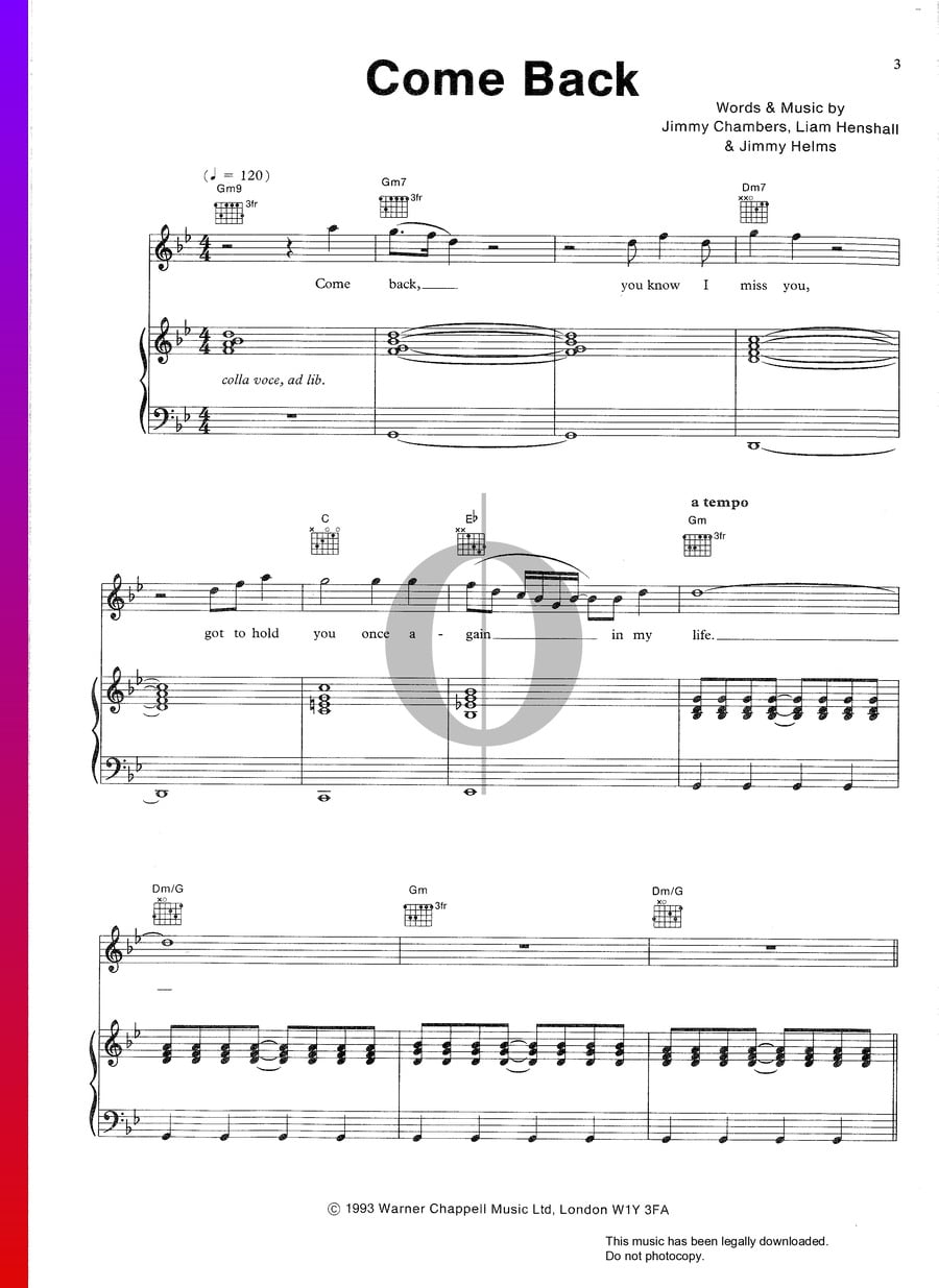 Come Back (Londonbeat) Piano Sheet Music - OKTAV