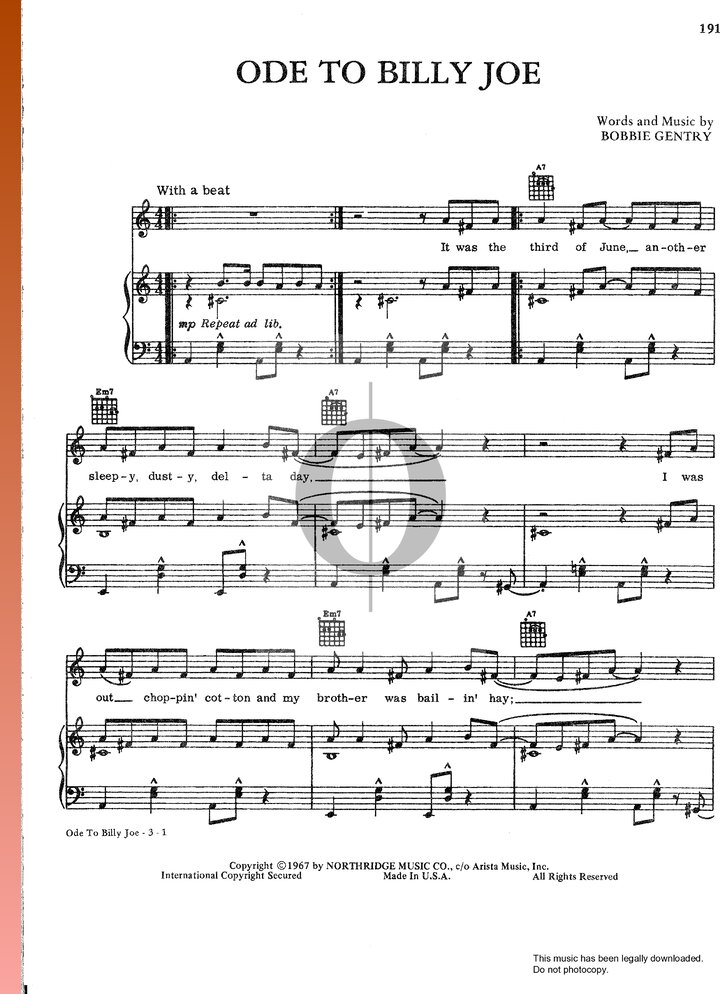 Ode To Billy Joe (Bobbie Gentry) Piano Sheet Music - OKTAV