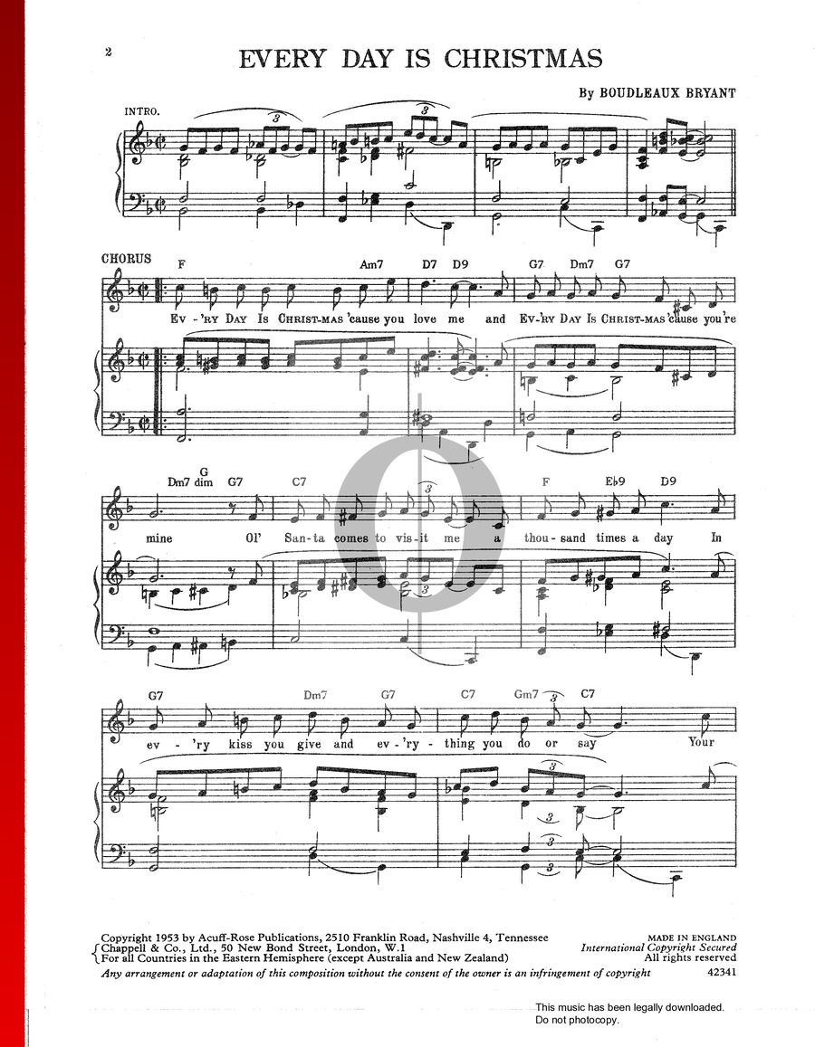 Every Day Is Christmas (Boudleaux Bryant) Piano Sheet Music - OKTAV
