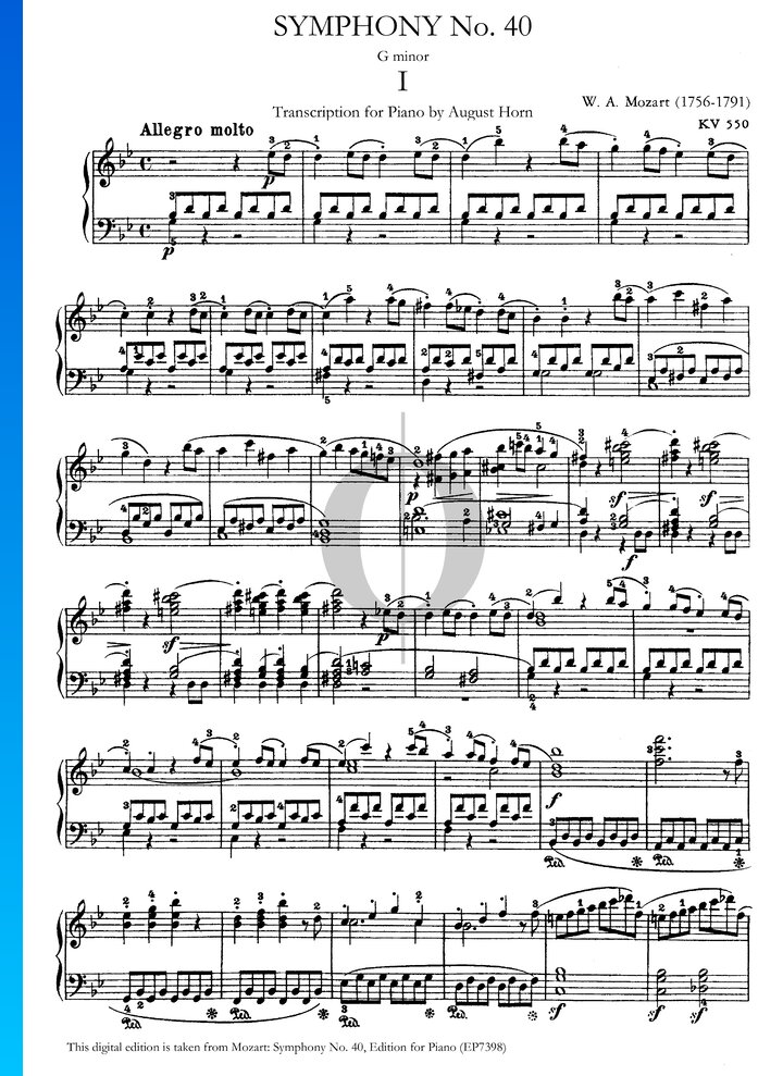 Symphony No.40 in G Minor, KV 550: Allegro molto (Wolfgang Amadeus Mozart) Piano Sheet Music - OKTAV