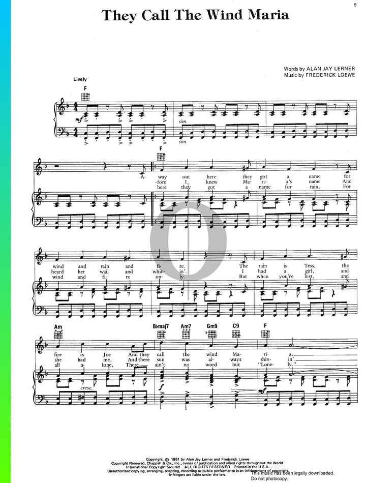 They Call The Wind Maria Piano Sheet Music from Paint Your Wagon by ...