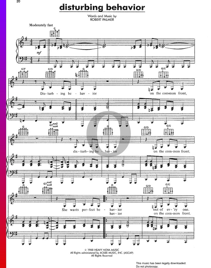 Disturbing Behaviour (Robert Palmer) Piano Sheet Music - OKTAV