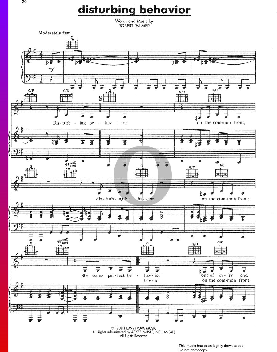 Disturbing Behaviour (Robert Palmer) Piano Sheet Music - OKTAV