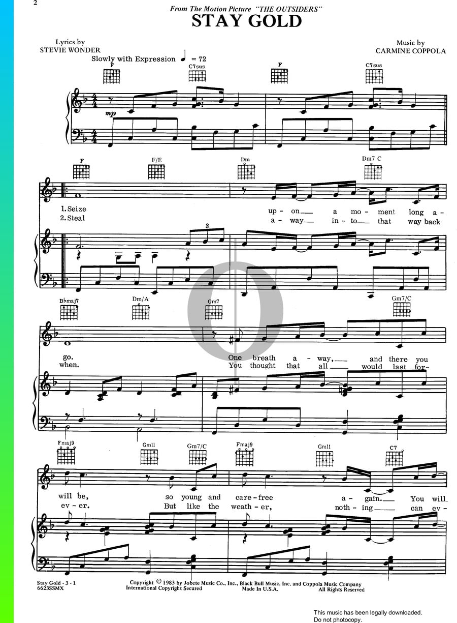 Stay Gold Piano Sheet Music from The Outsiders by Stevie Wonder - OKTAV