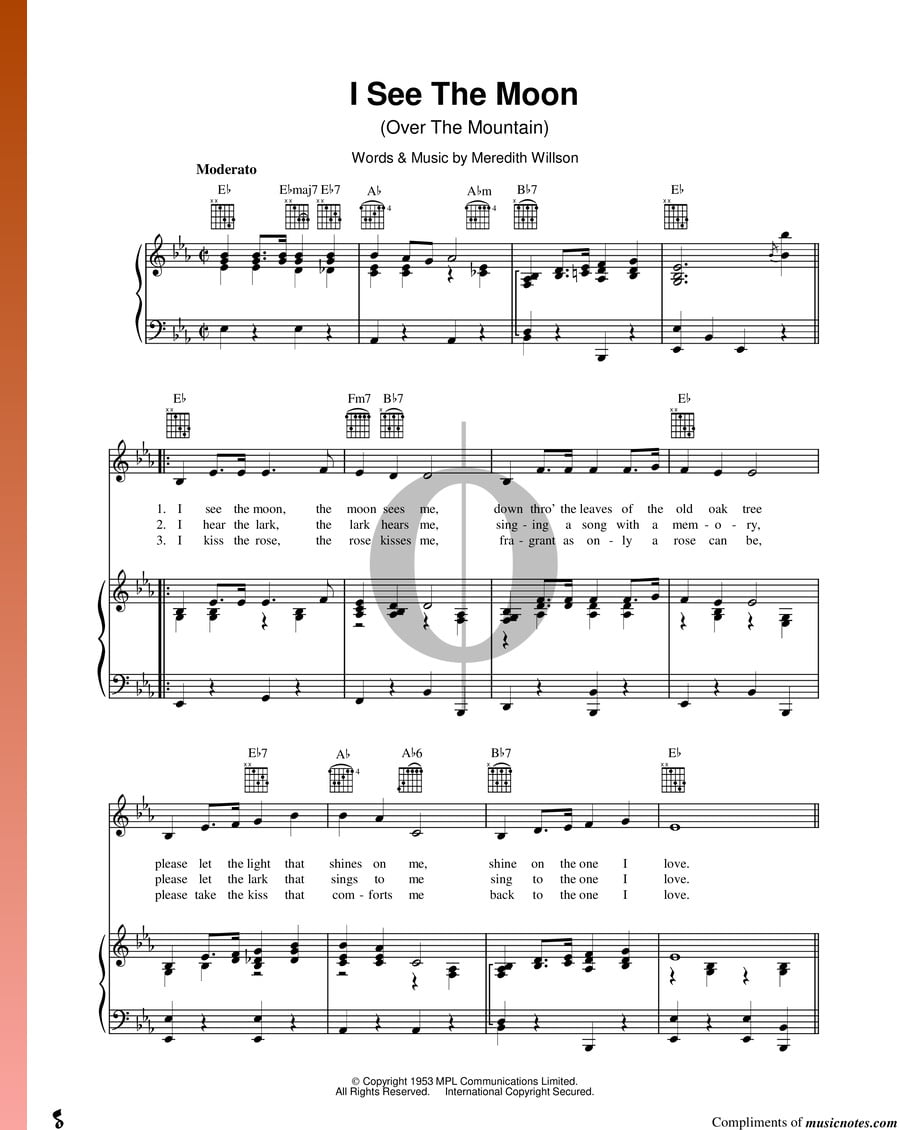 I See The Moon (Over The Mountain) (The Mariners) Piano Sheet Music - OKTAV