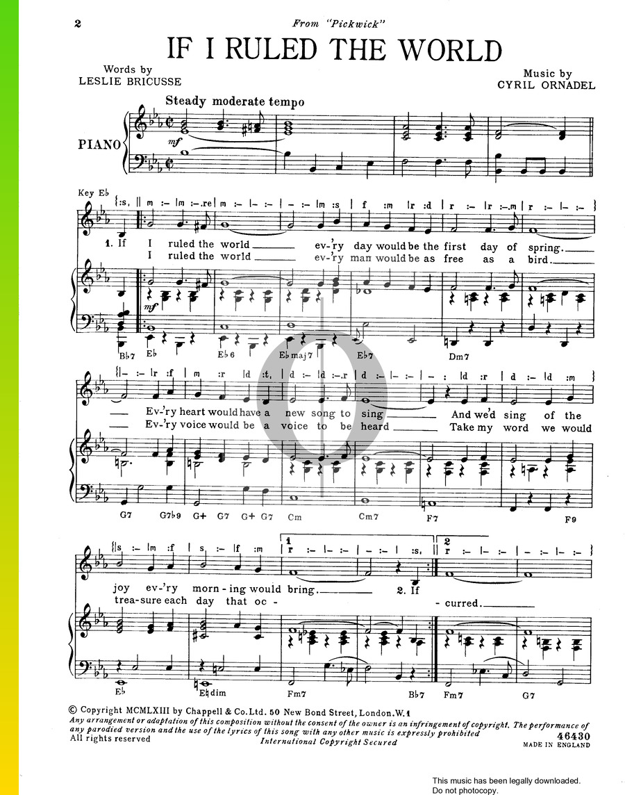 If I Ruled The World (Cyril Ornadel) Piano Sheet Music - OKTAV
