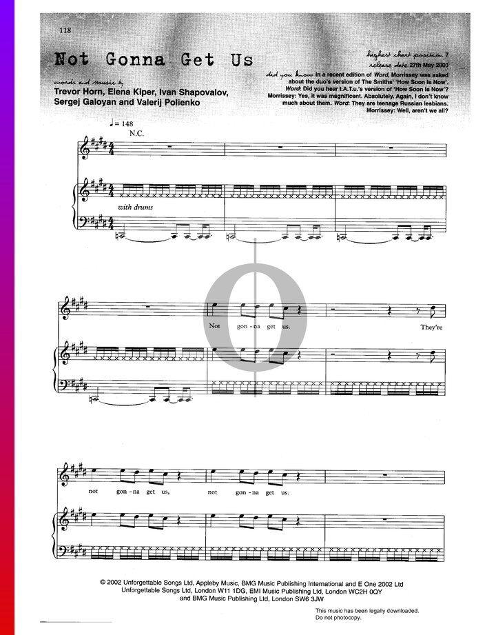 Not Gonna Get Us (t.A.T.u.) Piano Sheet Music - OKTAV