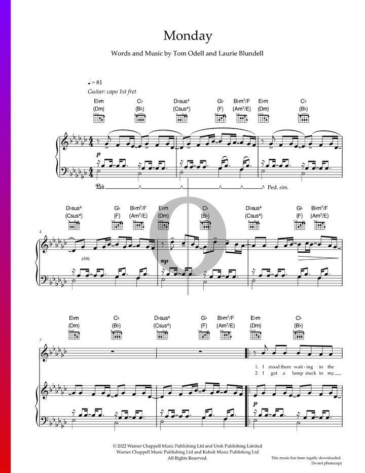 Monday (Tom Odell) Piano Sheet Music - OKTAV