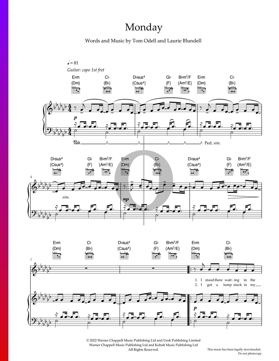 Monday (Tom Odell) Piano Sheet Music - OKTAV