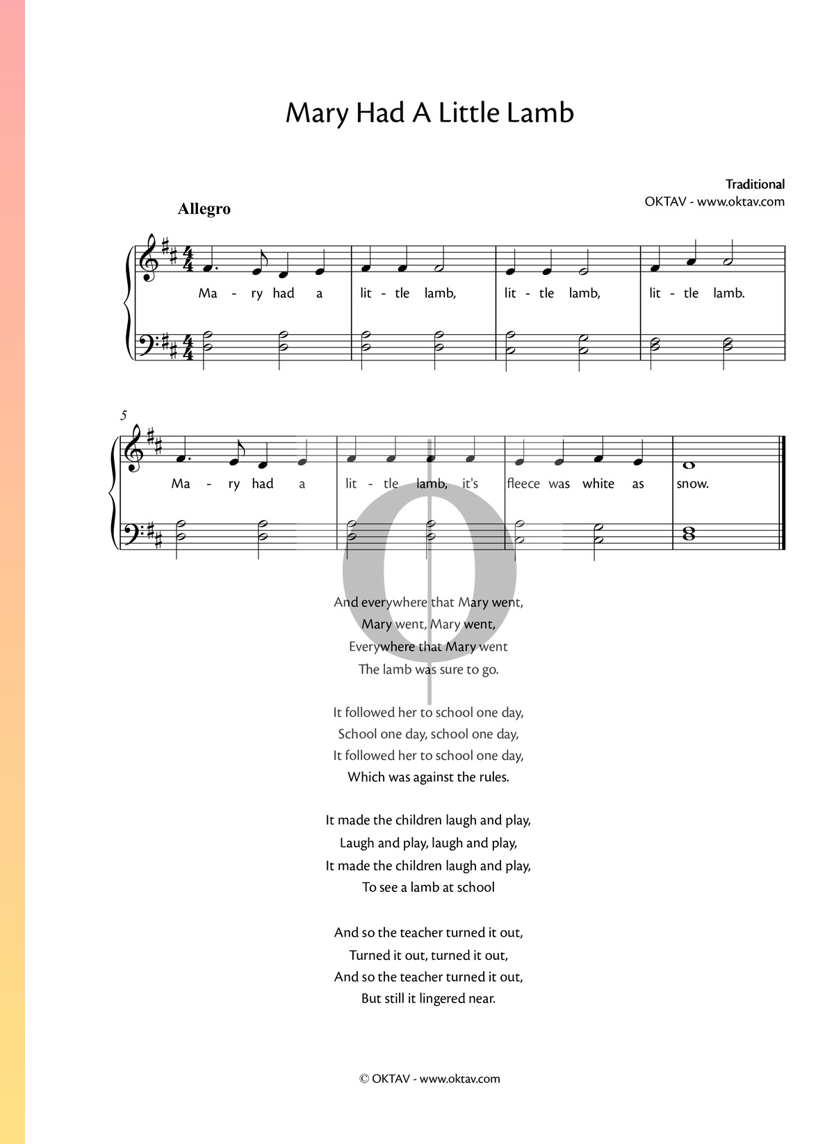 Mary Had A Little Lamb (Anonymous) Piano Sheet Music - OKTAV