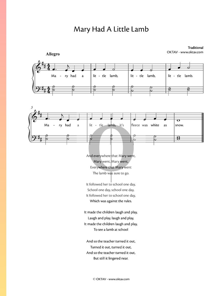 Mary Had A Little Lamb (Anonymous) Piano Sheet Music - OKTAV