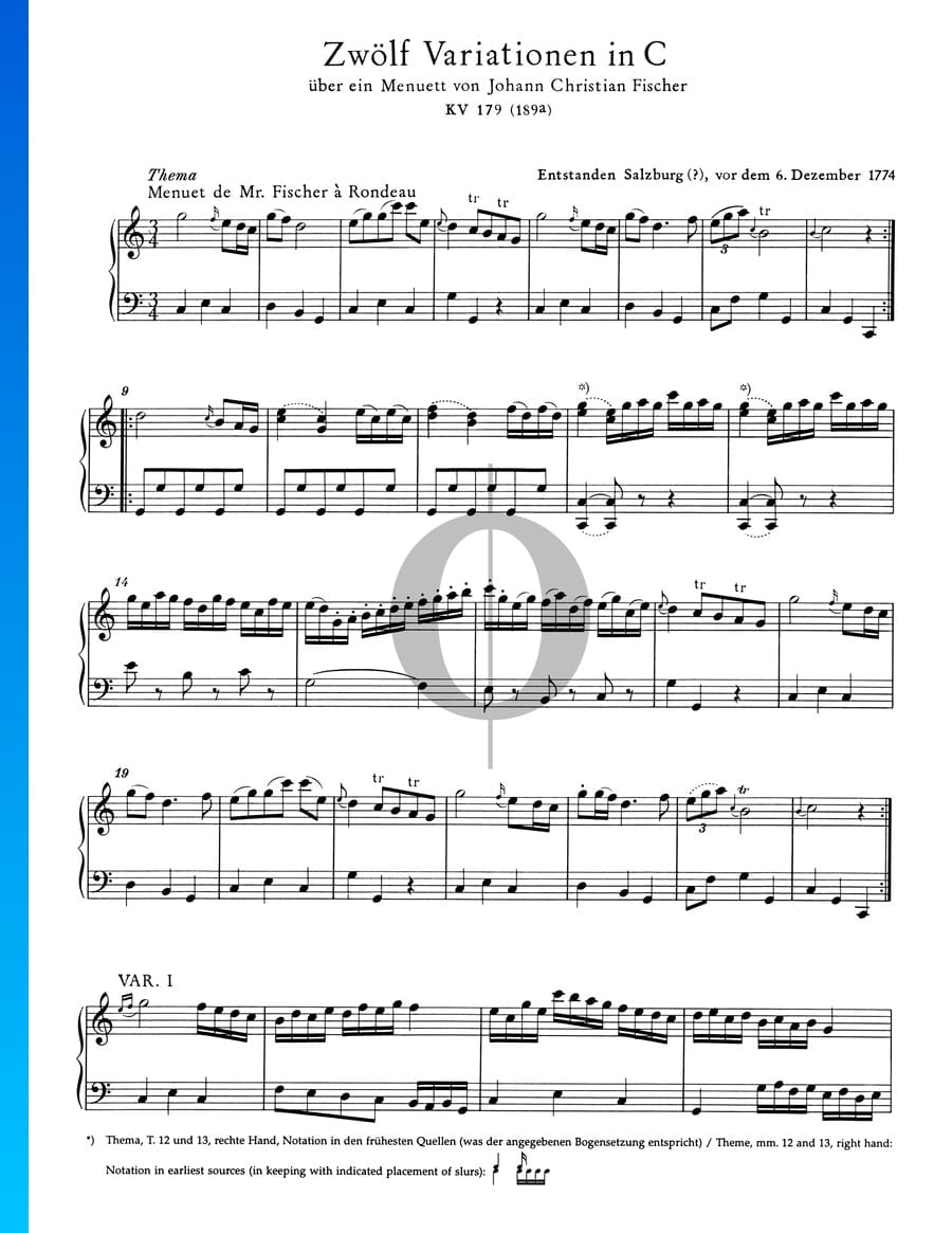 12 Variations in C Major, KV 179 (189a) (Wolfgang Amadeus Mozart) Piano ...