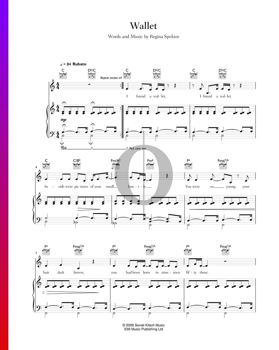 Wallet (Regina Spektor) Piano Sheet Music - OKTAV