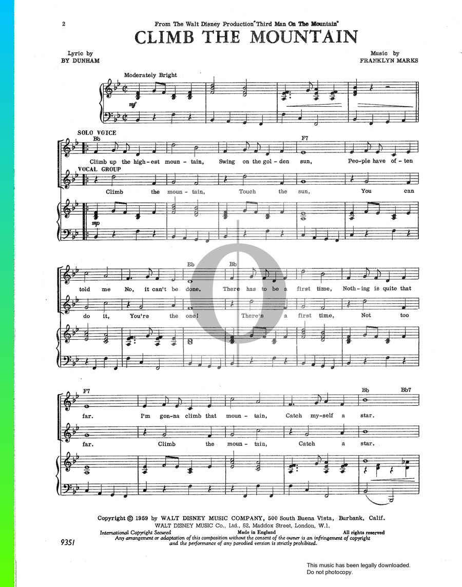 Climb The Mountain Piano Sheet Music from Third Man On The Mountain by ...