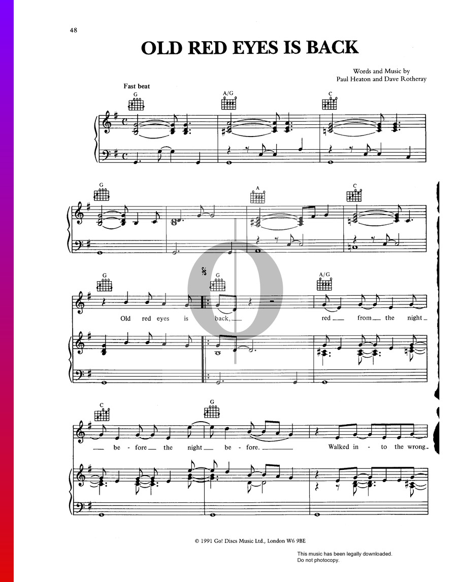Old Red Eyes Is Back (The Beautiful South) Piano Sheet Music - OKTAV