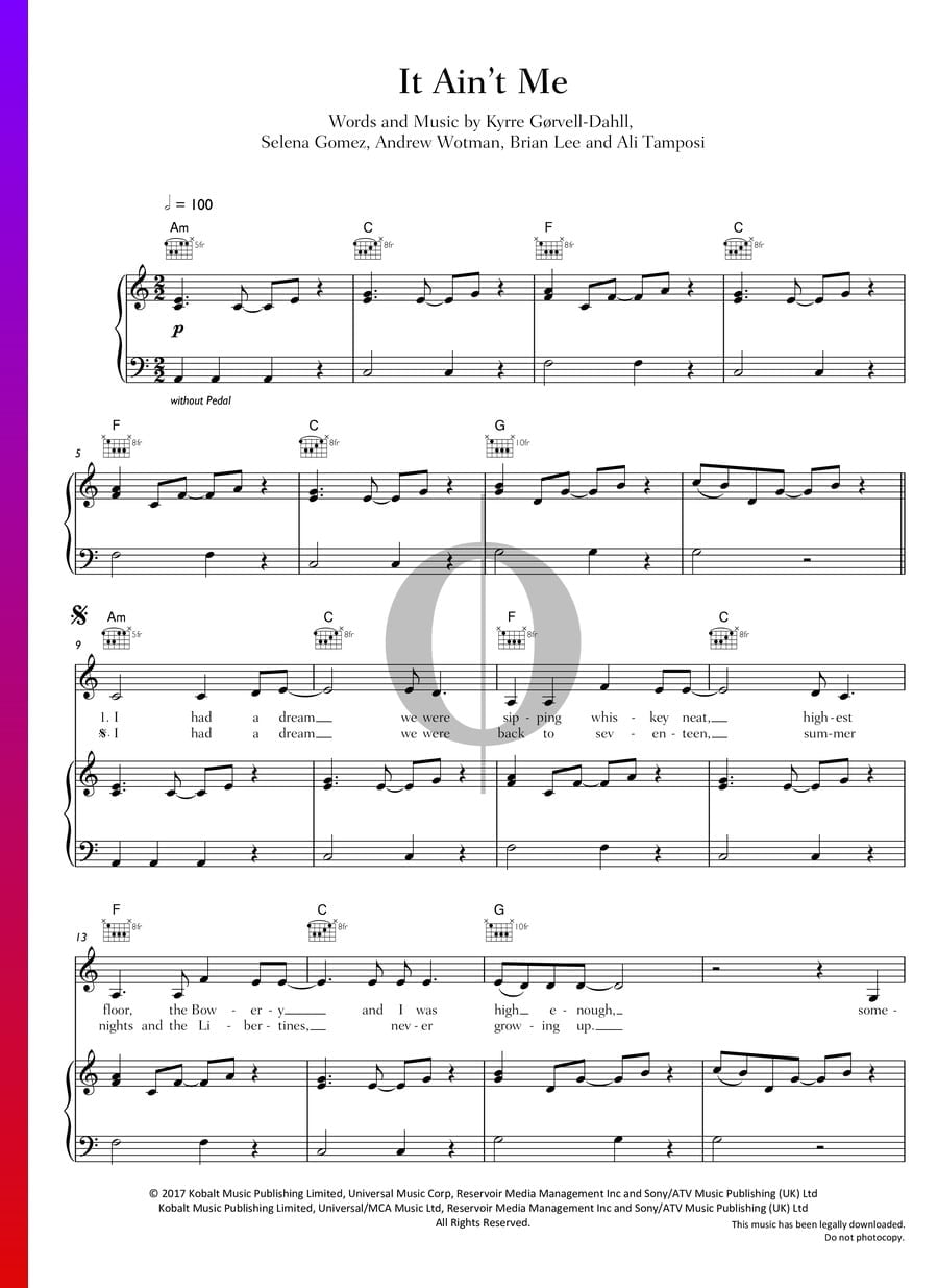 It Ain't Me (Selena Gomez, Kygo) Piano Sheet Music - OKTAV