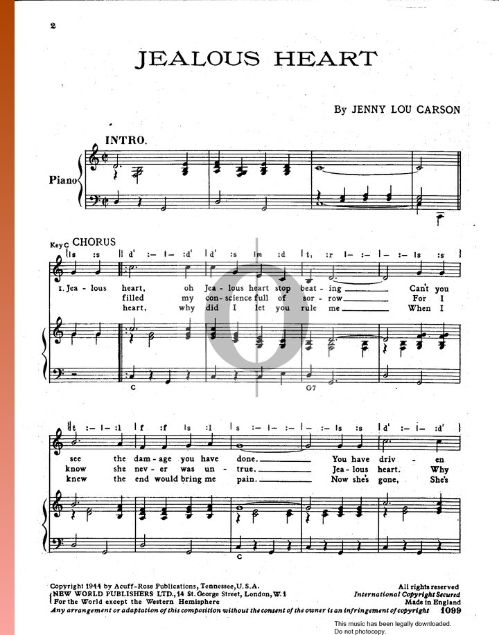 Jealous Heart (Jenny Lou Carson) Piano Sheet Music - OKTAV